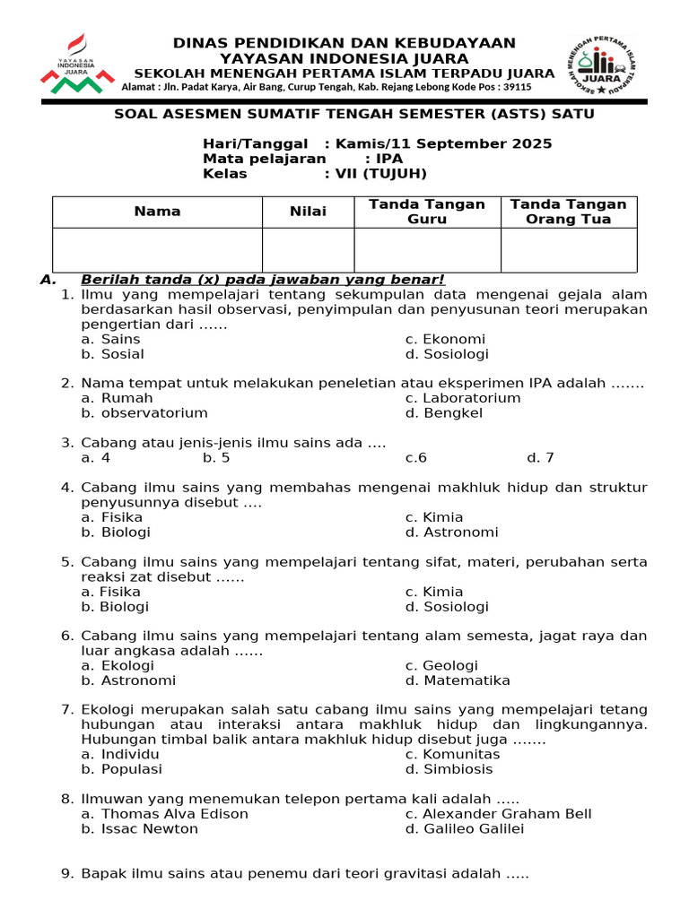 Soal Asts Ipa Kelas 7 2025 | PDF