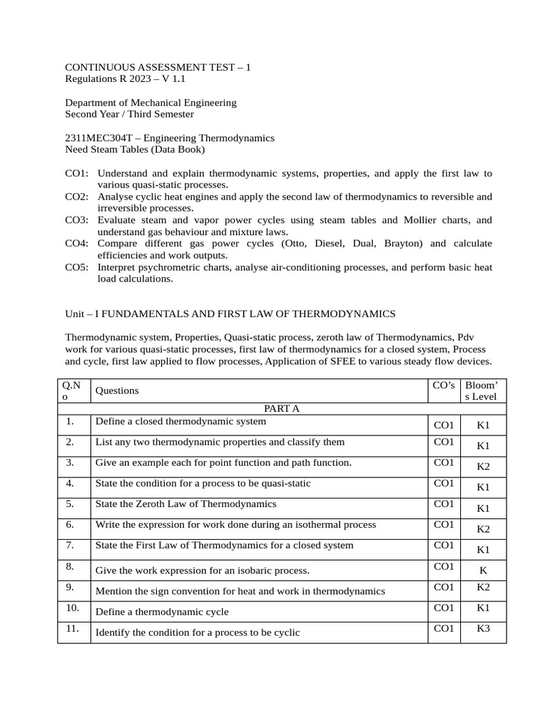 Engineering Thermodynamics Assessment Test | PDF | Heat | Steam