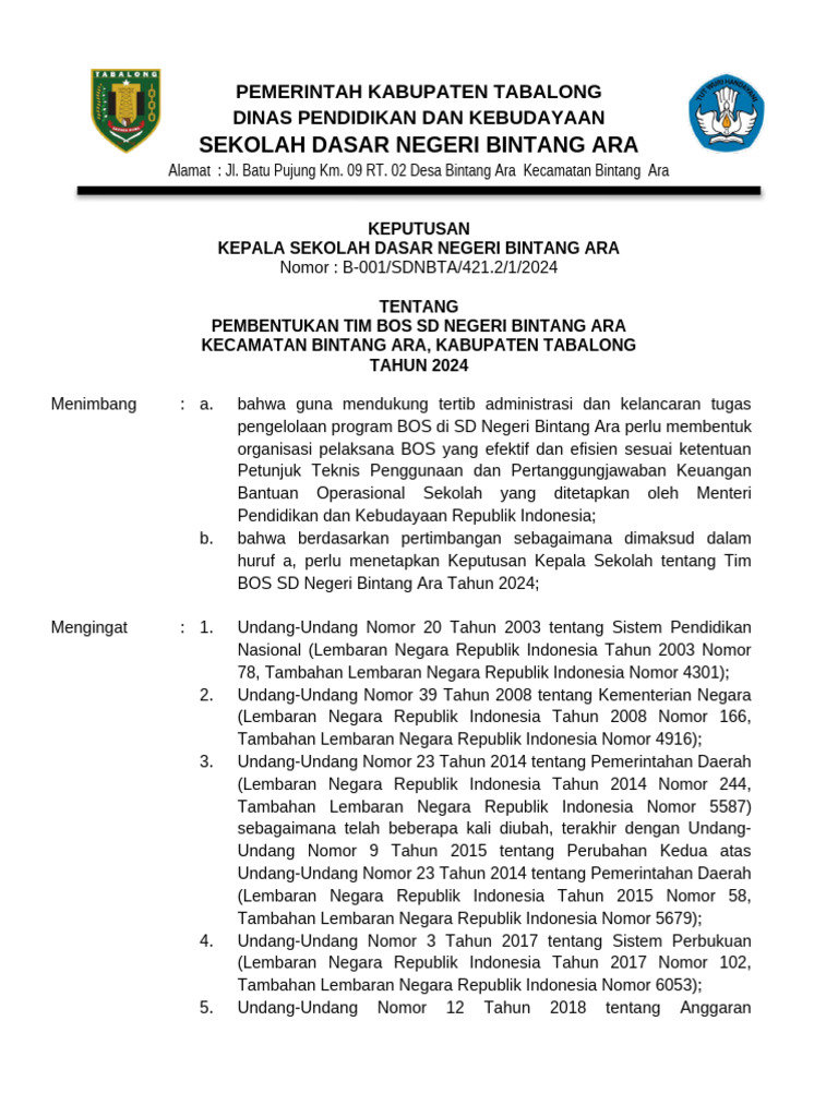 Contoh SK Tim BOS Reguler 2019 - WWW - Dapodik.co - Id-1 | PDF