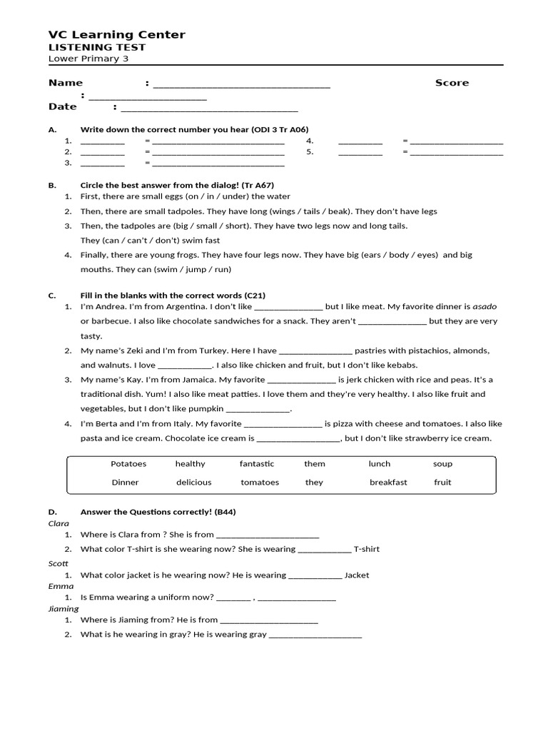 Lower Primary Listening Test Guide | PDF | Foods | Cuisine