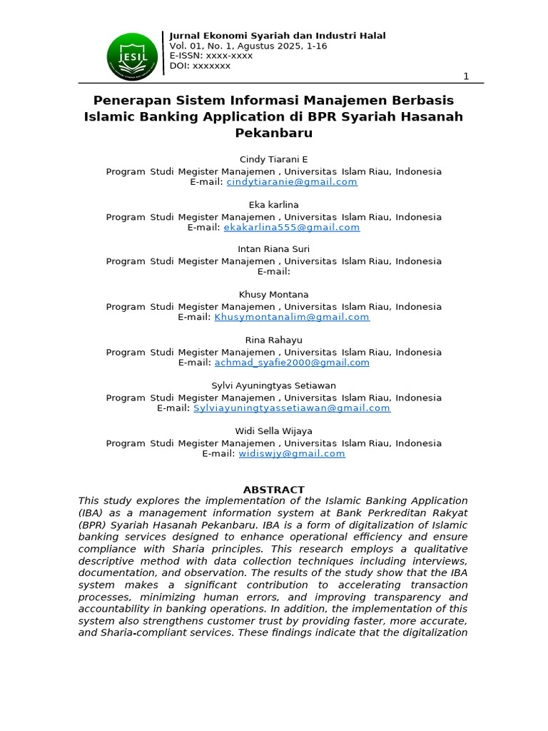Penerapan Sistem Informasi Manajemen Berbasis Islamic Banking Application Di BPR Syariah Hasanah ...