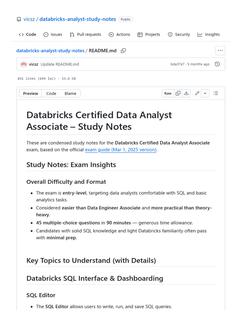 Databricks Analyst Study Notes GitHub | PDF | Statistics | Databases
