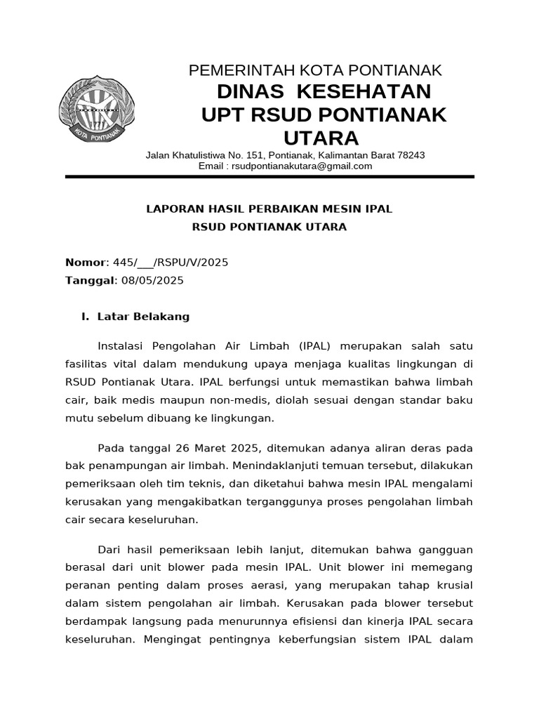 LAPORAN HASIL PERBAIKAN MESIN IPAL 2025 | PDF