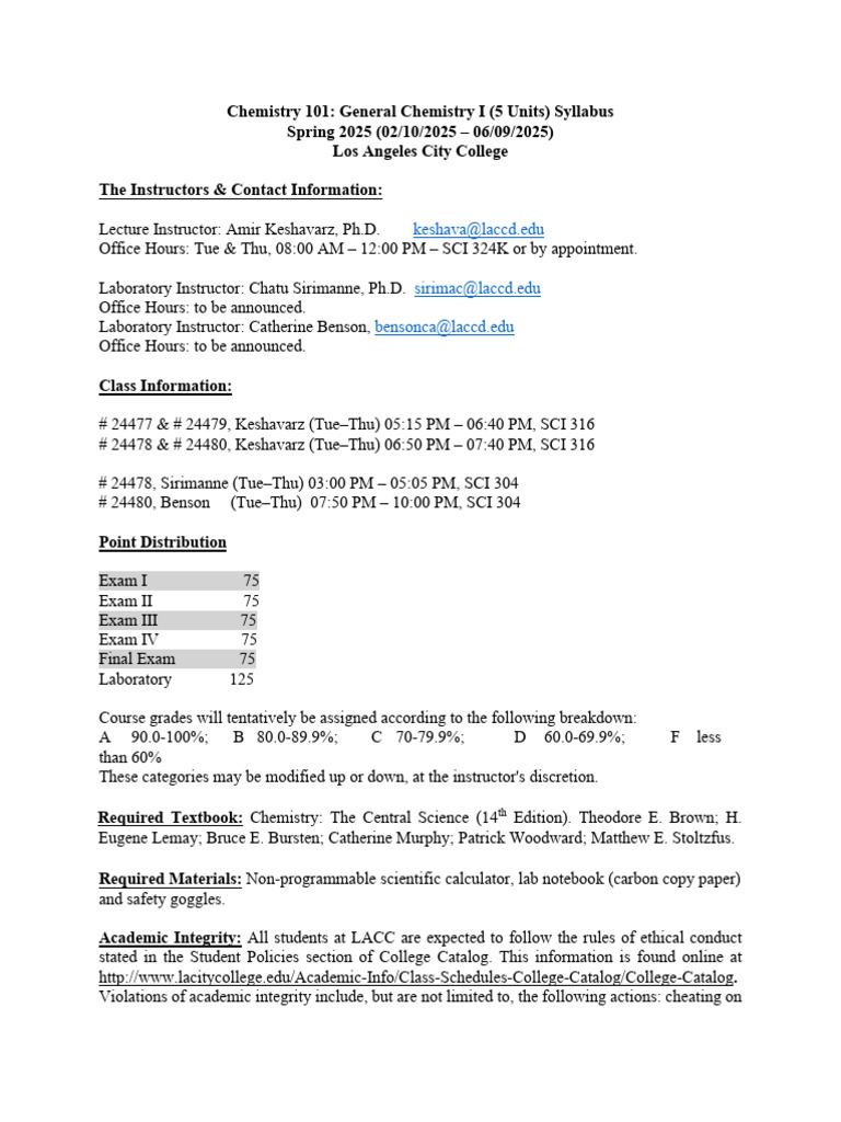 Chemistry 101 Syllabus Spring 2025 | PDF | Chemistry | Molecules