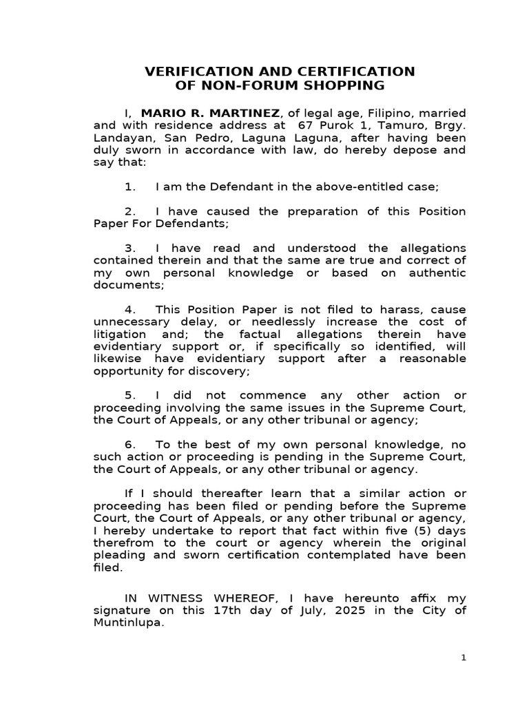 Non-Forum Shopping Certification Document | PDF
