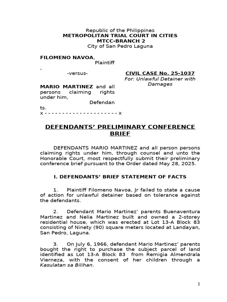 Defendants Prelim. Conference Brief Martinez Et Al. Draft | PDF ...