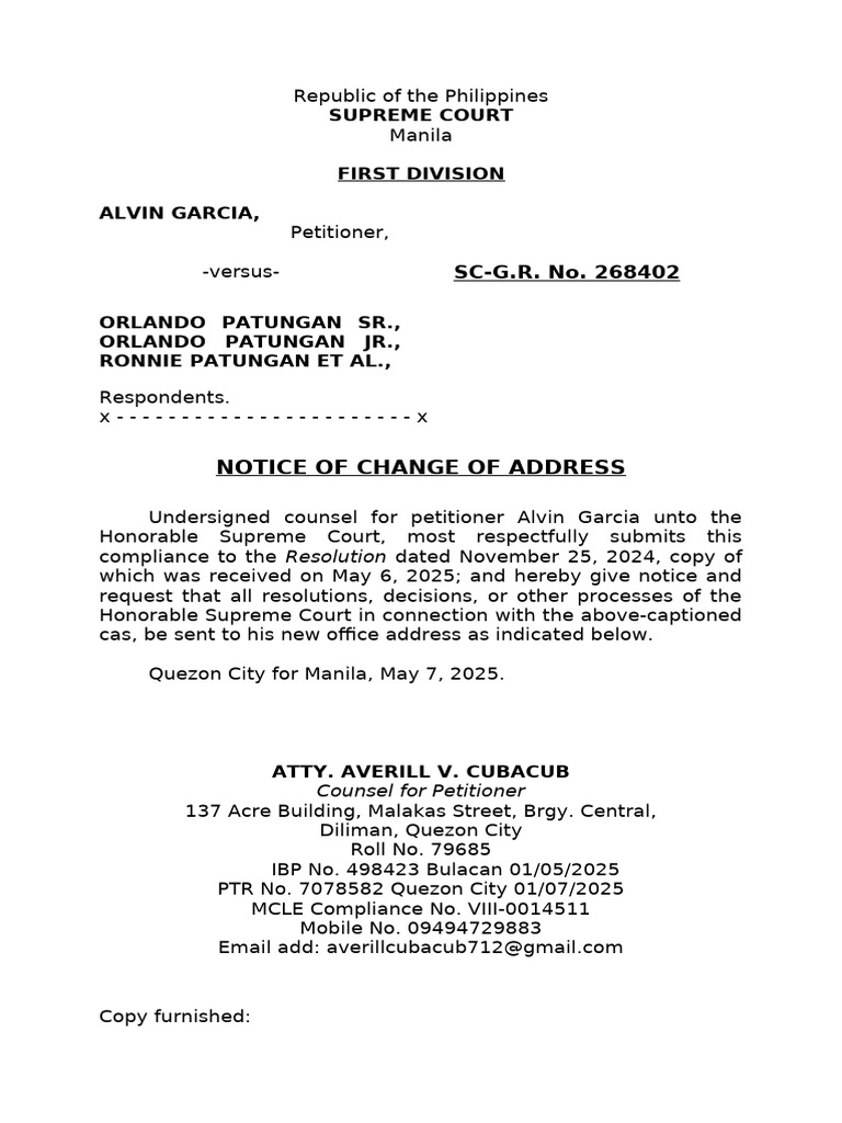 Notice of Change of Address - Supreme Court | PDF