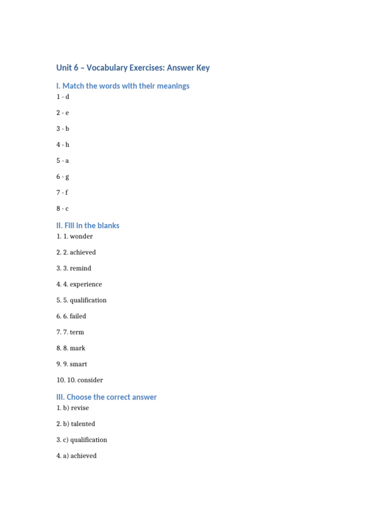 Unit6 Vocabulary Exercises AnswerKey Updated | PDF