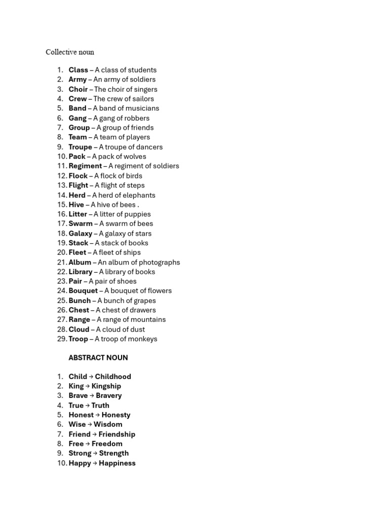 List of Collective Nouns and Abstract Nouns | PDF