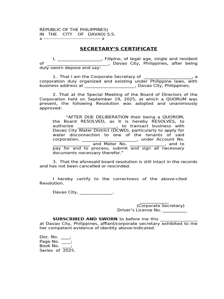 Corporate Secretary's Certificate Template | PDF