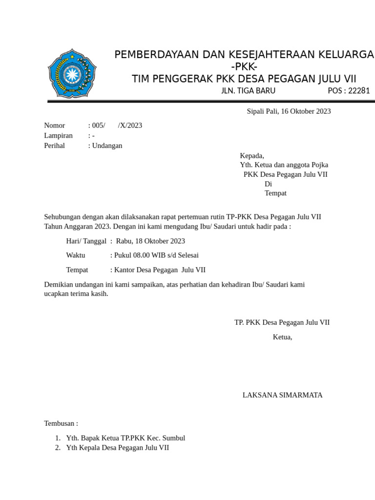 Undangan Rapat TP-PKK Pegagan Julu VII | PDF