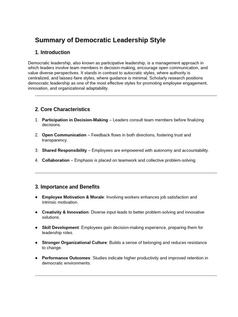 Summary of Democratic Leadership Style | PDF | Leadership | Motivation