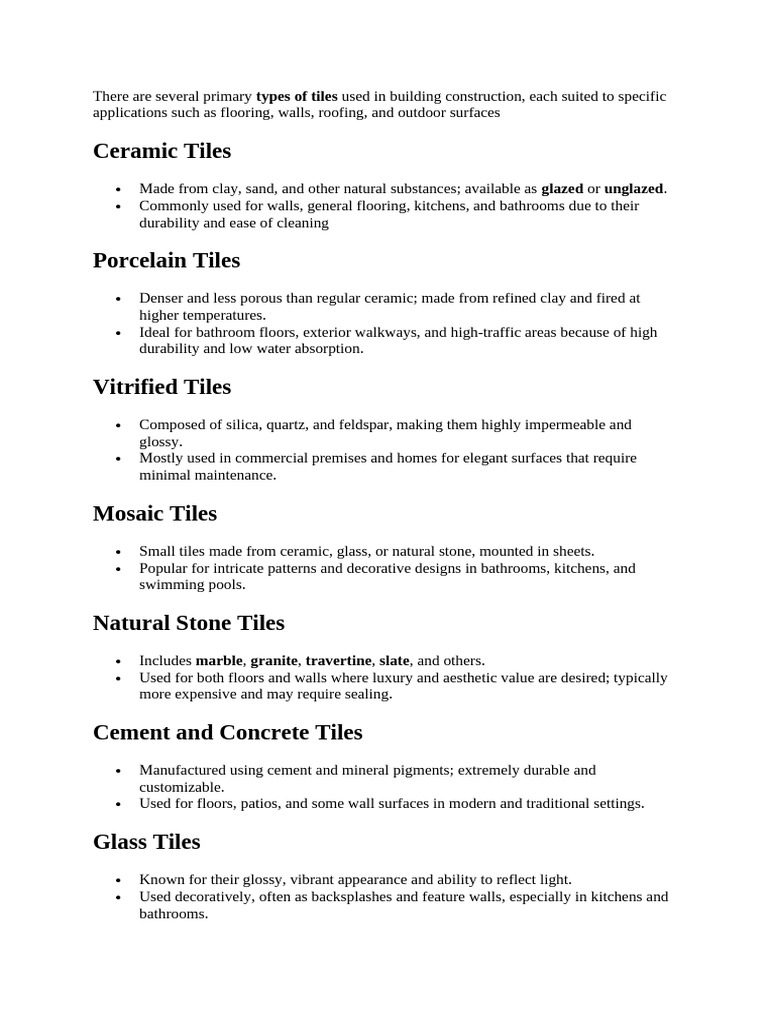 Types of Tiles in Building Construction | PDF