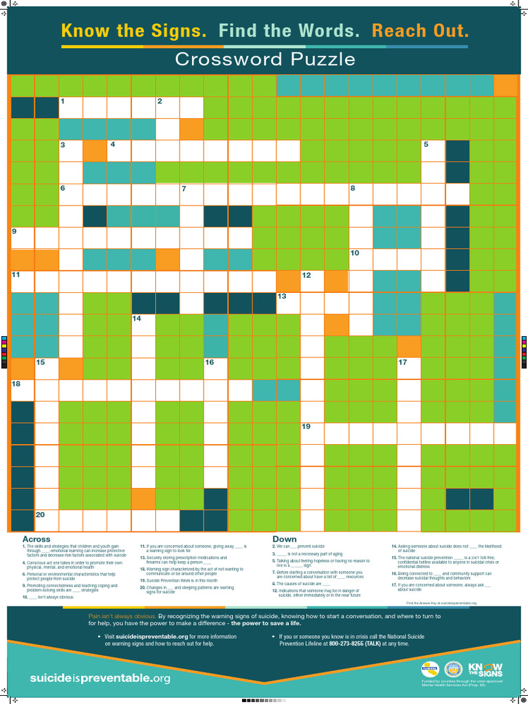 Suicide Prevention Crossword Puzzle - Print - .24x36.eng | PDF ...