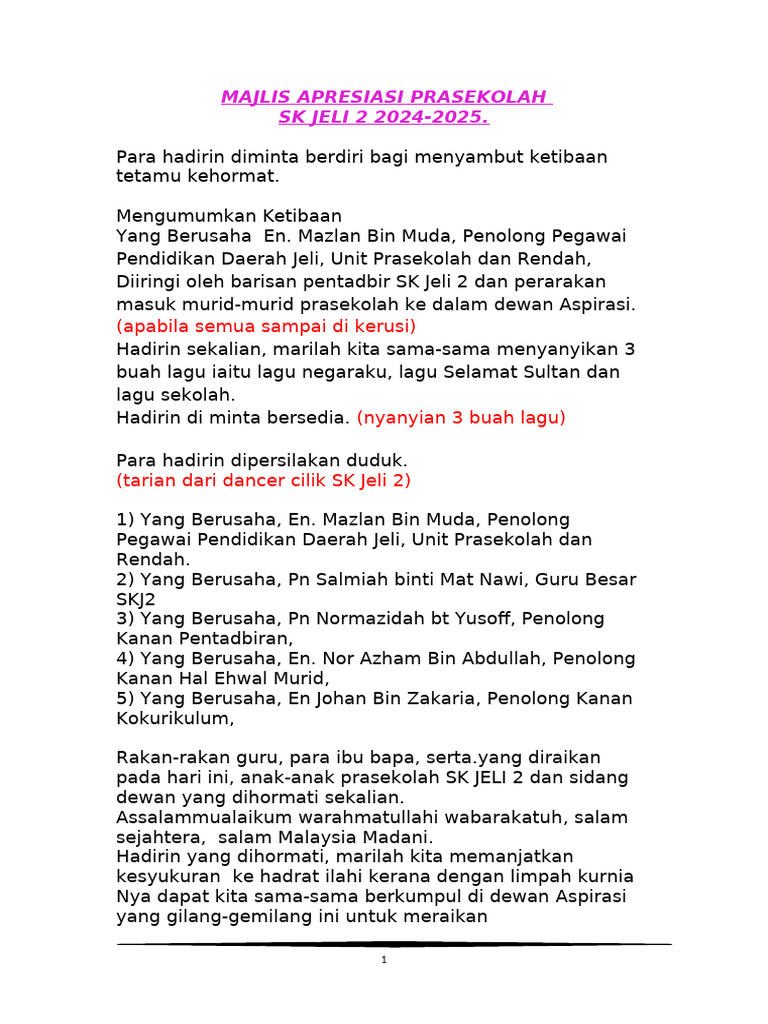 Hari Apresiasi Prasekolah SK Jeli 2 | PDF