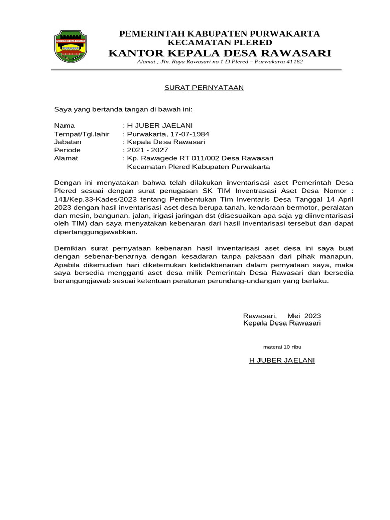 Surat Pernyataan Inventaris Aset Desa | PDF