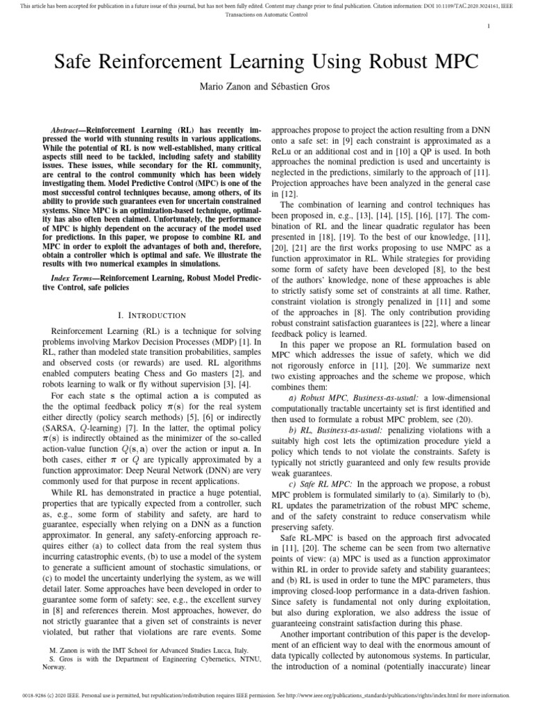 Safe Reinforcement Learning Using Robust MPC | PDF | Mathematics | Applied Mathematics