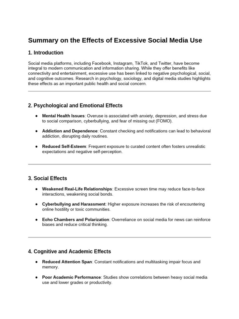 Summary On The Effects of Excessive Social Media Use | PDF
