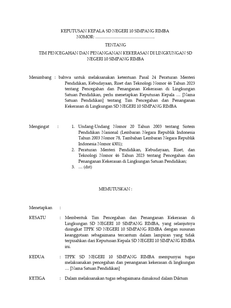 Tim Penanganan Kekerasan SD 10 Simpang Rimba | PDF