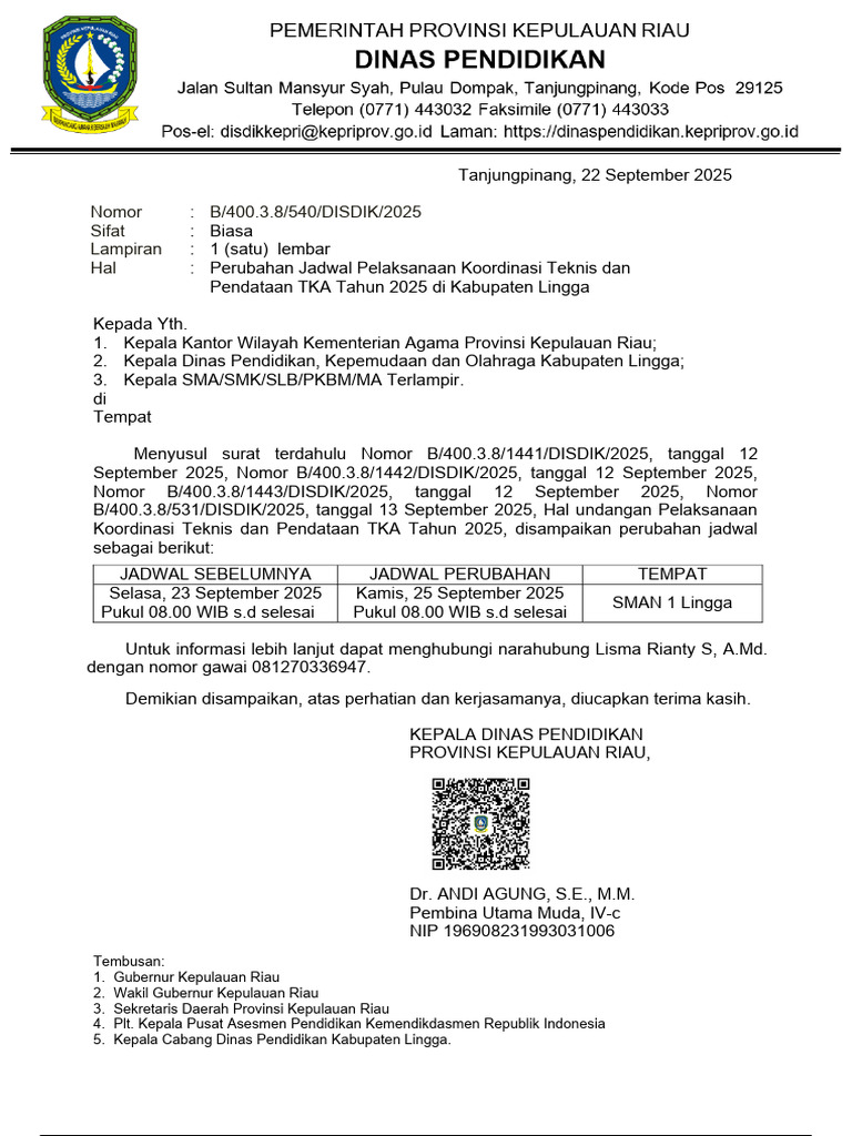 20250922173746Surat Perubahan Jadwal Pelaksanaan Dan Pendataan TKA Di Kabupaten Lingga[1] | PDF