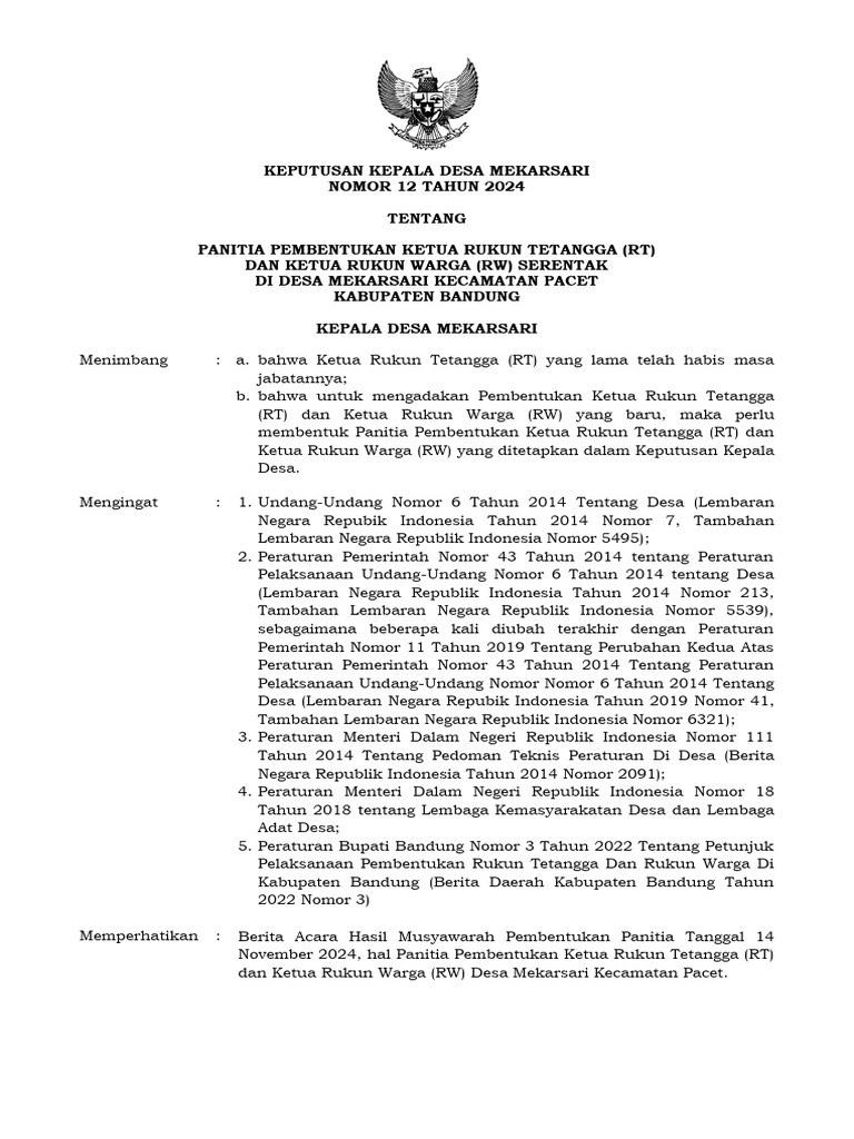 SK Panitia Pembentukan Ketua RT RW | PDF