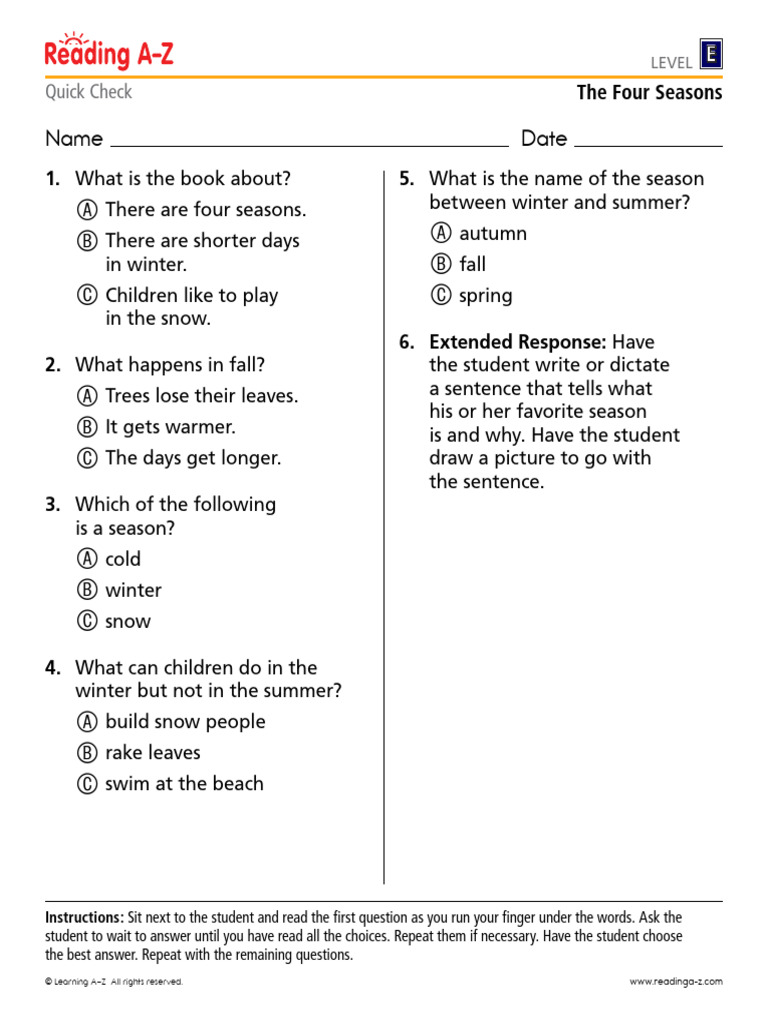 E 11 The Four Seasons Quiz | PDF | Reading Comprehension