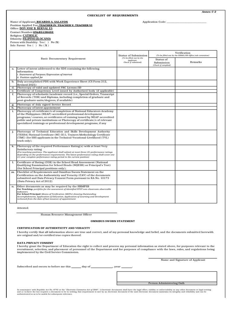 Annex C-2 - Checklist of Requirements and Omnibus Sworn Statement ...