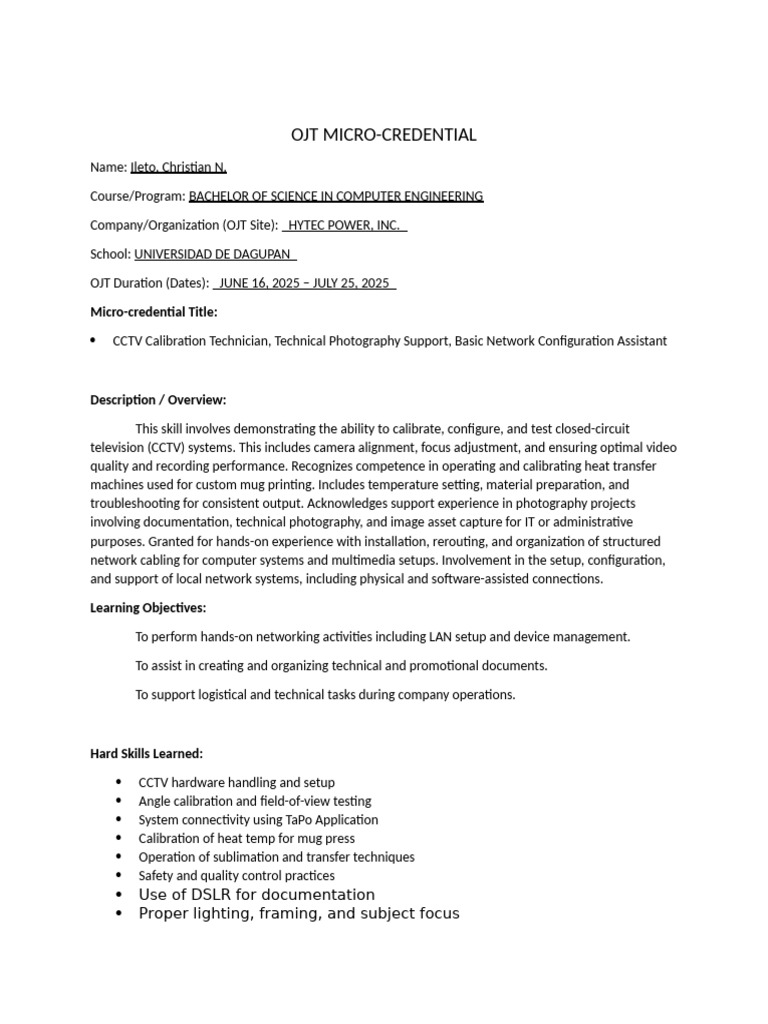 Christian I. OJT Microcredentials | PDF | Computer Network | Calibration