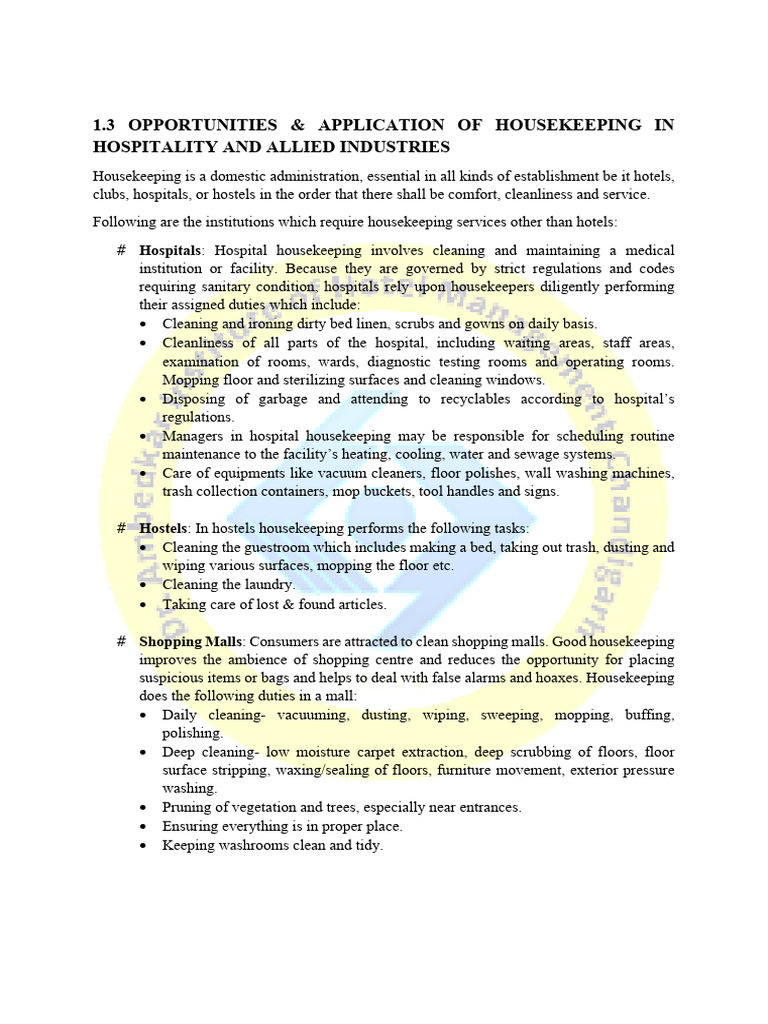 Opportunities and Application of Housekeeping in Hospitality and Allied ...