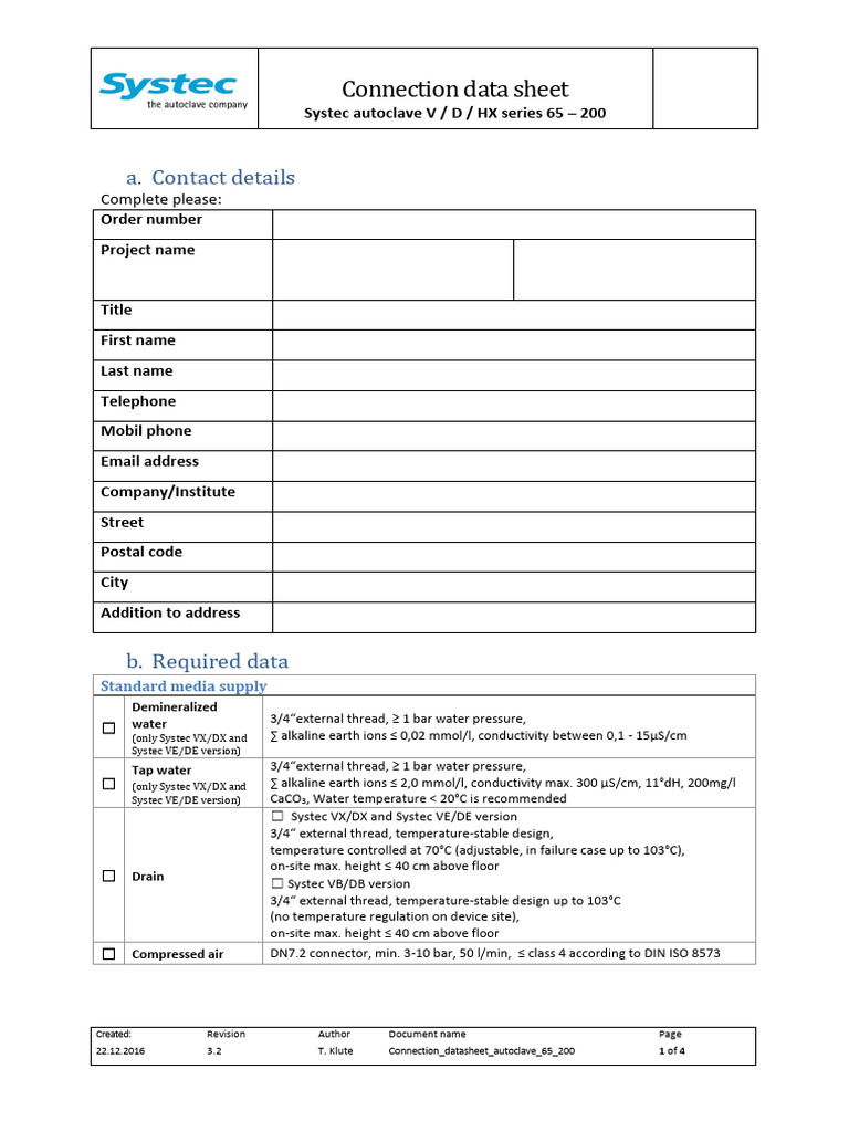 Systec Autoclave Connection Data Sheet | PDF