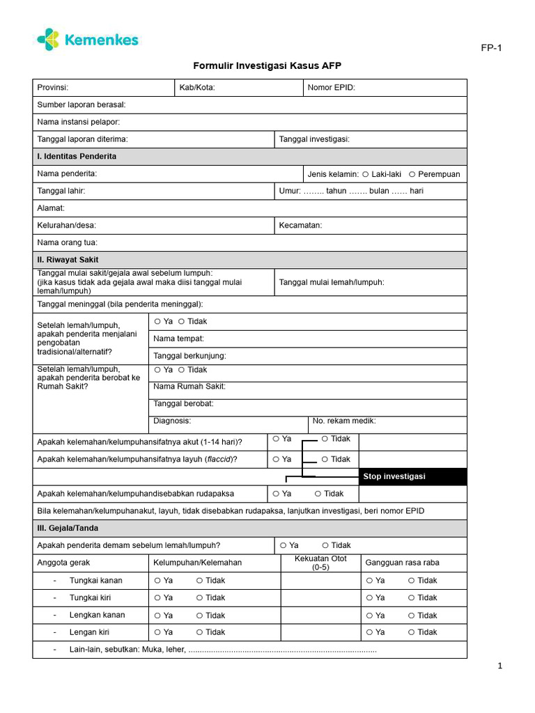 Form FP1 - Investigasi Suspek AFP - 2025 | PDF