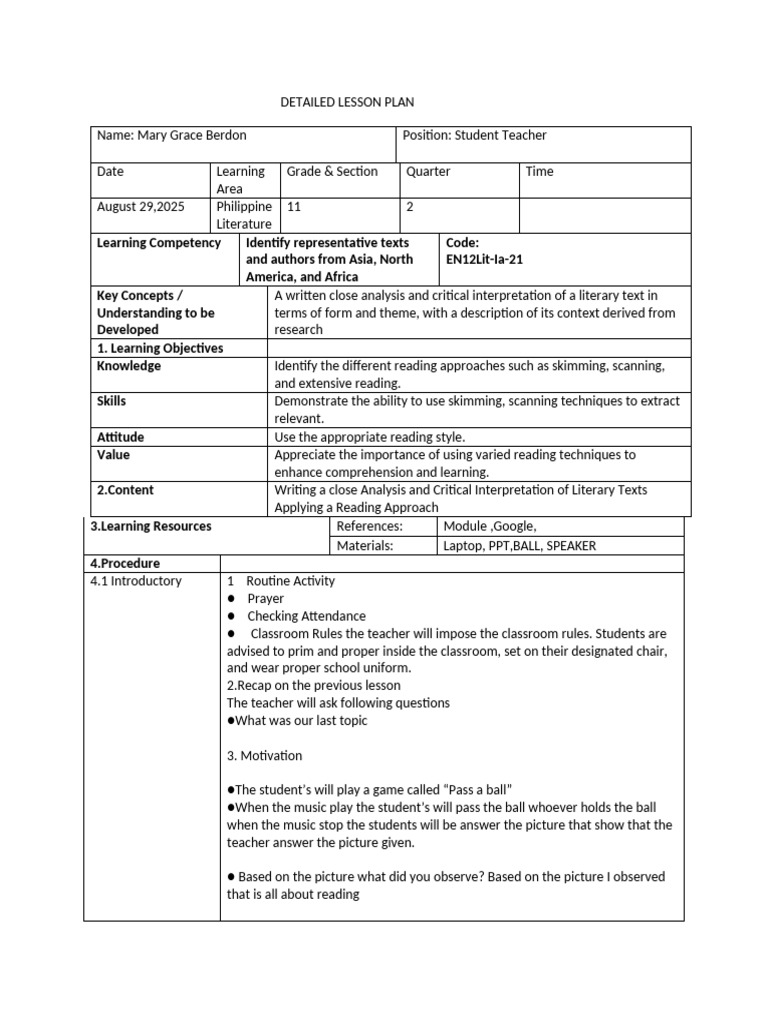 Detailed Lesson Plan Mary Grace Berdon Literature | PDF | Speed Reading ...