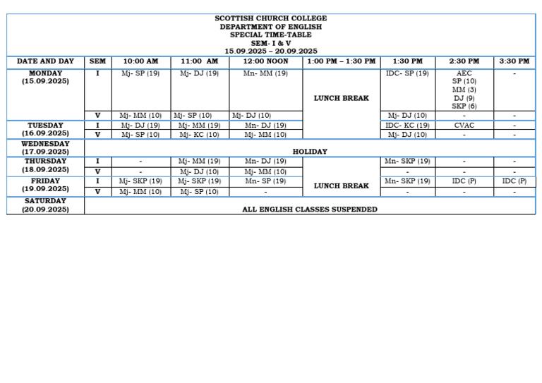 Scottish Church College English Timetable | PDF