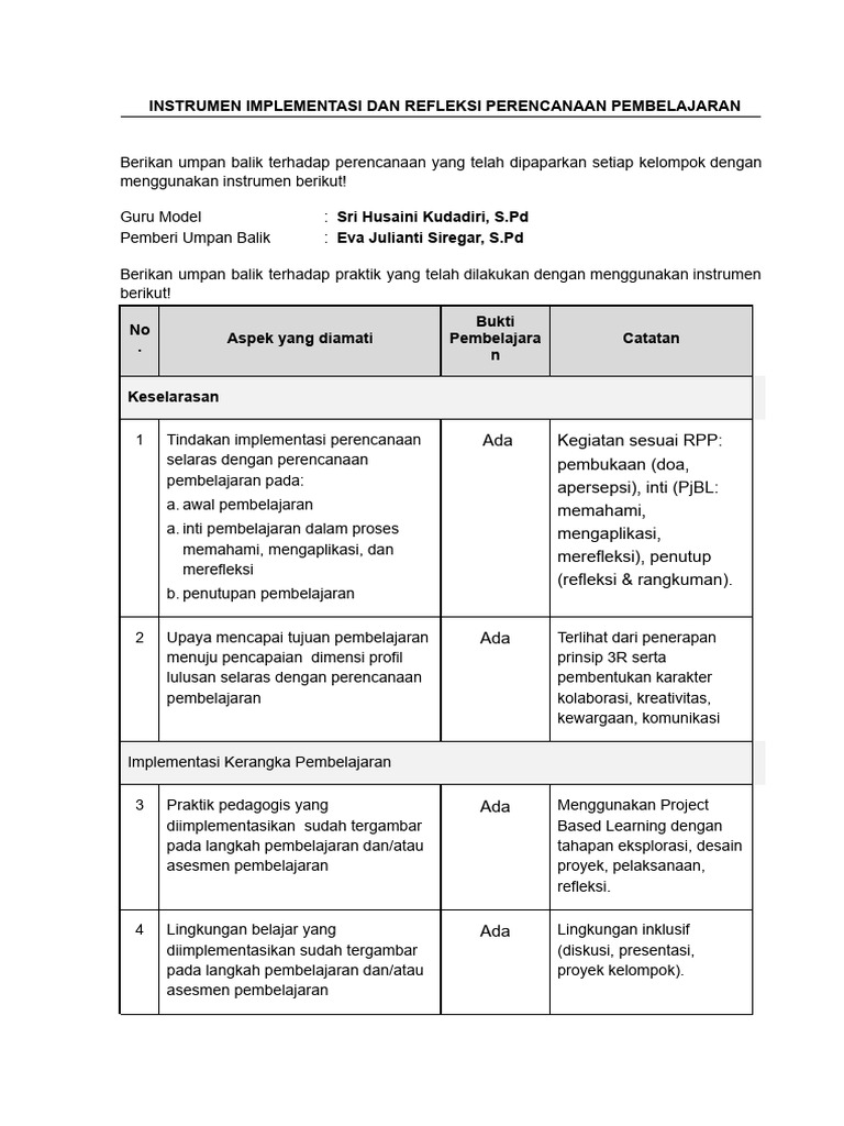 Instrumen Implementasi Dan Refleksi Perencanaan Pembelajaran (2) Ok | PDF