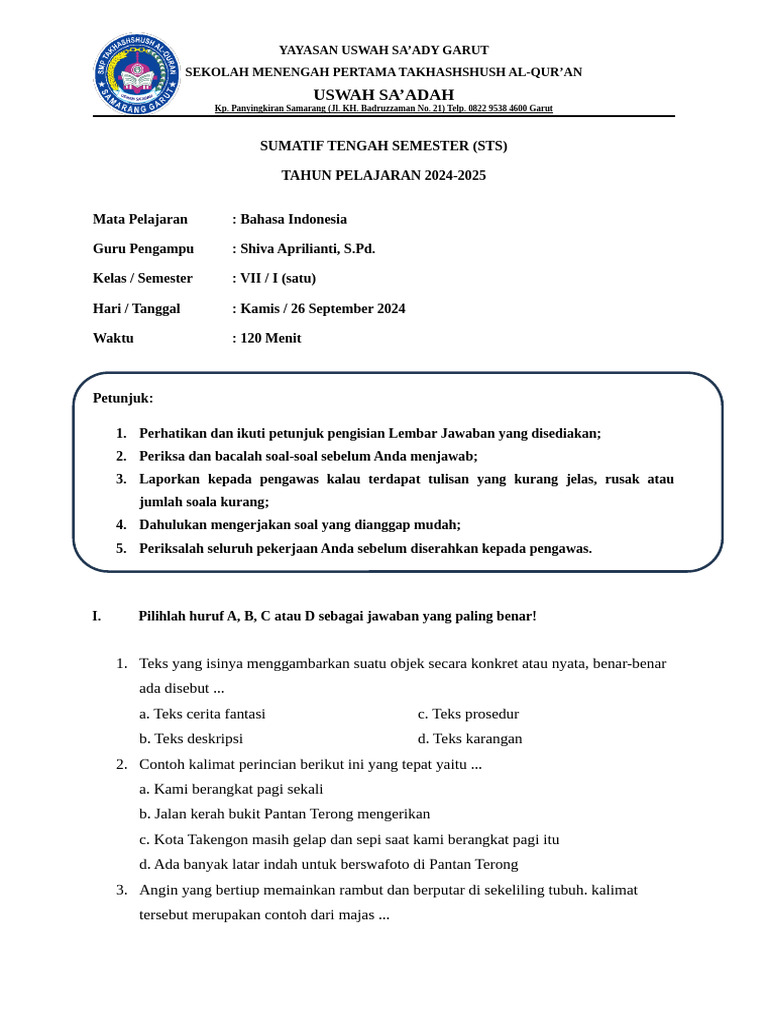 Soal Sts (1) Bhs Indonesia Kls 7 | PDF