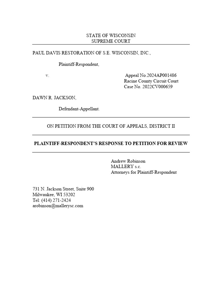 Dawn Jackson 2022cv000659 PLAINTIFF-RESPONDENT'S RESPONSE TO PETITION ...