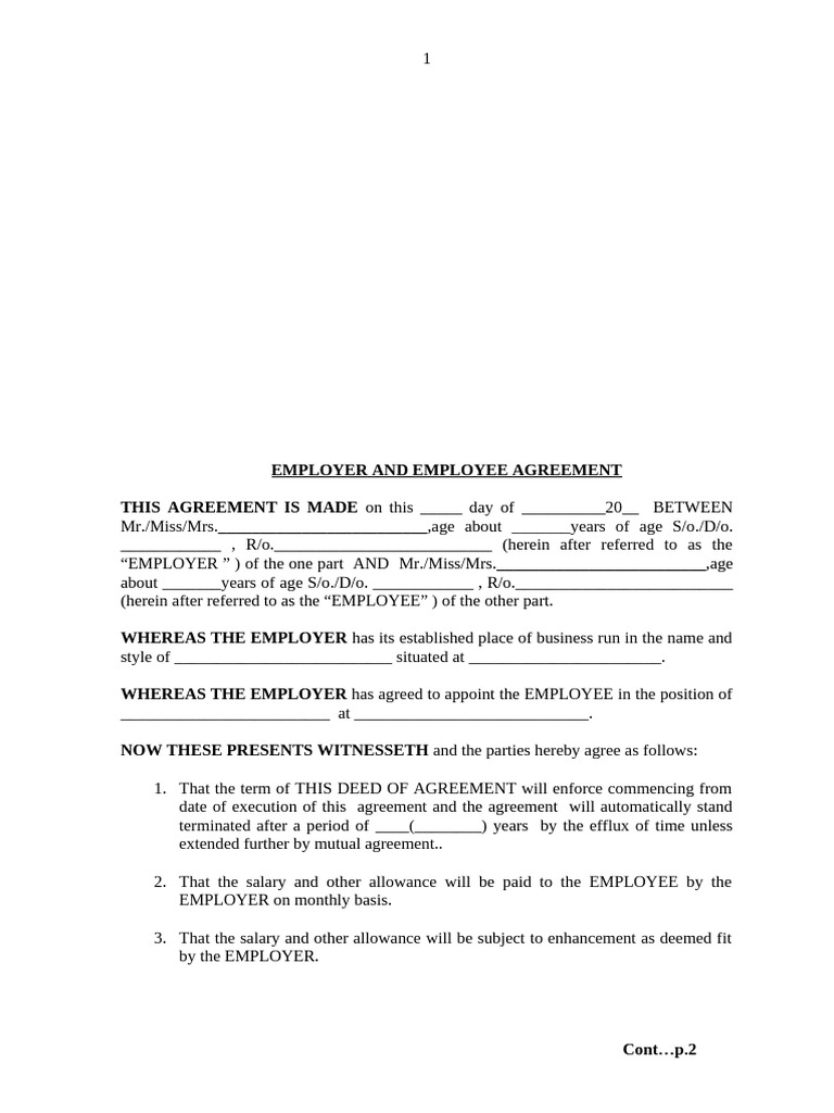 Employer-Employee Agreement Template | PDF | Employment | Private Law