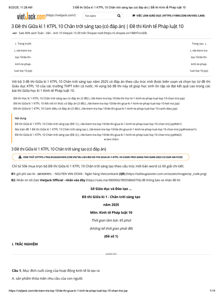 3 Đề thi Giữa kì 1 KTPL 10 Chân trời sáng tạo (có đáp án) - Đề thi Kinh tế Pháp luật 10 | PDF