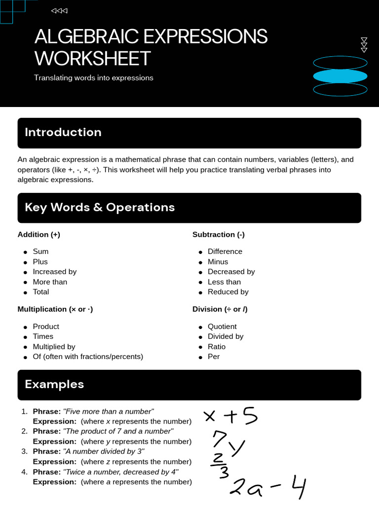 Algebraic Expressions Worksheet (Dragged) | PDF