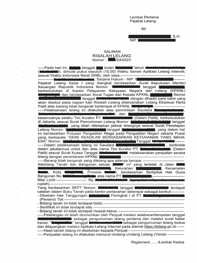 Contoh Risalah Lelang Pailit | PDF