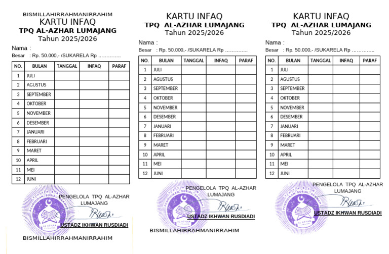 Kartu Infaq TPQ Al-Azhar 2025/2026 | PDF