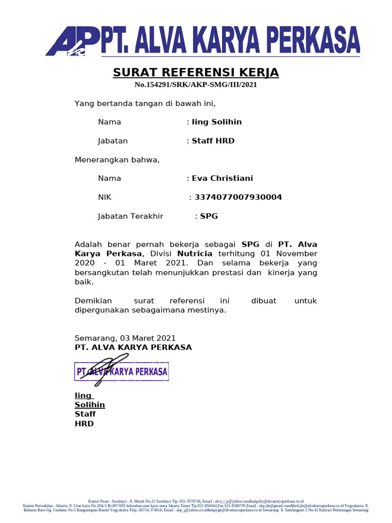 Paklaring PT Alva Karya Perkasa862 | PDF