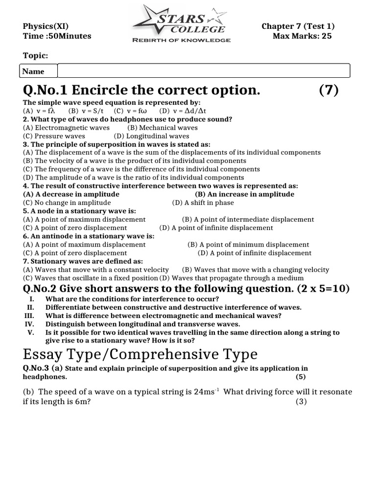 Physics XI Chapter 7 Wave Test Questions | PDF | Waves | Motion (Physics)