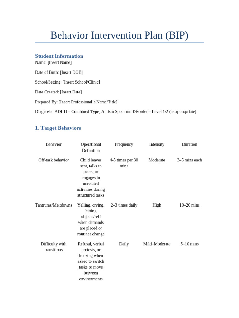 ADHD and Autism Behavior Intervention Plan | PDF | Reinforcement ...