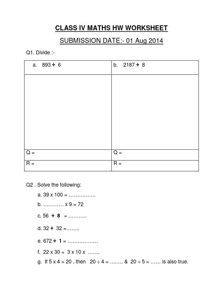 CBSE Class 4 Maths Revision Worksheet (112) - Division - 4 | PDF