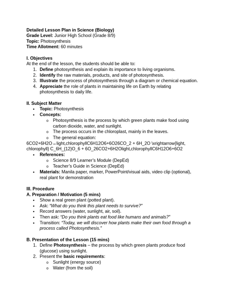 Photosynthesis Lesson Plan for Grade 8/9 | PDF | Photosynthesis | Plants
