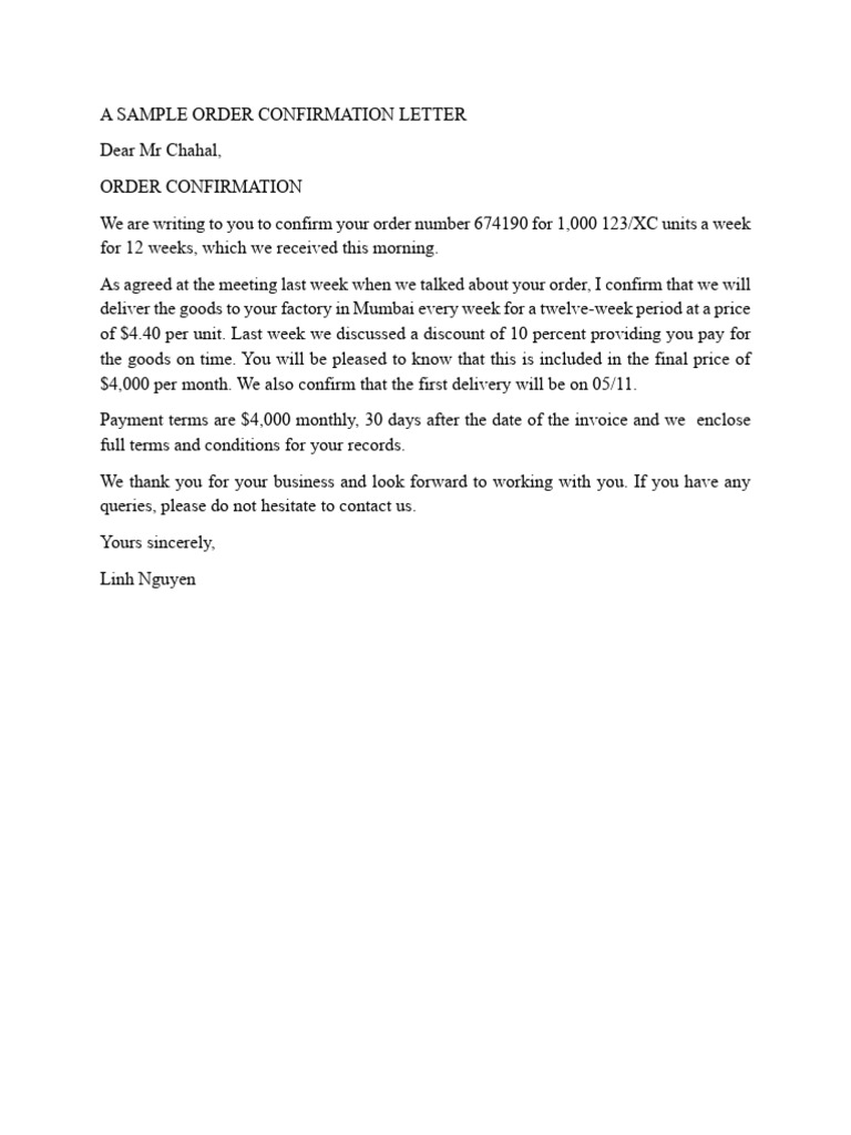 A Sample Order Confirmation Letter | PDF