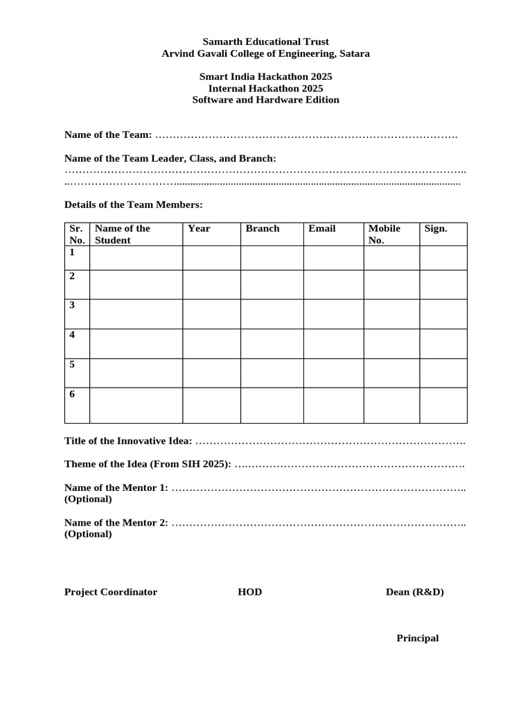 Student Entry Form Internal Hackathon | PDF