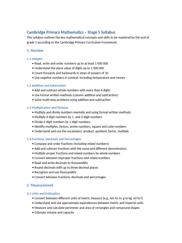 Cambridge Stage 5 Maths Syllabus | PDF | Multiplication | Numbers