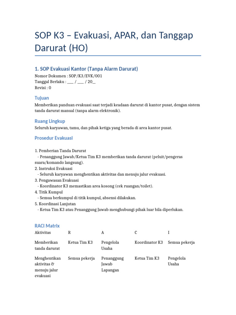SOP K3: Evakuasi dan Tanggap Darurat | PDF